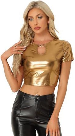 Allegra K Femmes T-Shirt Courts Métalliques Holographic Top à Paillettes Hauts Manche Courte Découpé Devant pour Fête Club Or Brun L