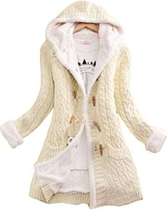 ORANDESIGNE Gilet Long Femme Pulls Chunky Casual Tricot Cardigan à Capuche avec Bouton Klaxon Manches Longues Hiver Manteau Sweater avec Poches (A Beige, M)