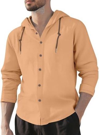 Generic Chemise en lin &agrave; capuche pour homme - T-shirt surdimensionn&eacute; en coton - T-shirt dentra&icirc;nement &agrave; boutons - T-shirt &agrave; manches longues d&eacute;contract&eacute; - Coup