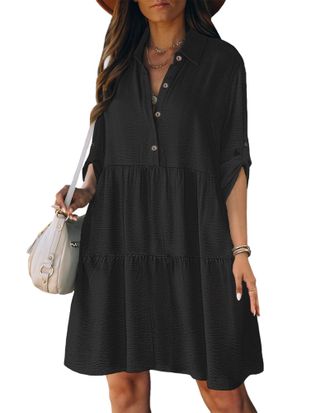 Bsubseach Womens Casual Kleider Button Down 3/4 &Auml;rmel Sundresses A-Line Ruffled Shirt Dress Spring Outfits Schwarz XL