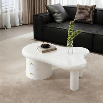 Generic Moderner Weißer Couchtisch mit Unregelmäßiger Form - 2 Schubladen, Platzsparend, Stilvoll, Stabil - Perfekt für Wohnzimmer & Mehrzwecknutzung