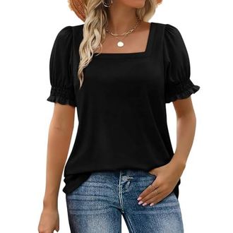 Generic T-shirt d&eacute;contract&eacute; &agrave; col carr&eacute; et manches smock&eacute;es pour femme, haut habill&eacute; et d&eacute;contract&eacute; &agrave; manches volant&eacute;es, Noir, XXL