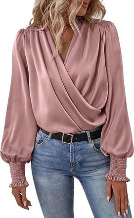 Generic Chemise &eacute;l&eacute;gante pour femme avec col en V et manches superbes, chemise de couleur unie &agrave; porter avec des leggings, rose, XL
