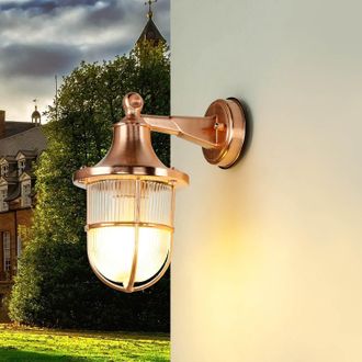 Licht-Erlebnisse Wandlampe Aussen Messing in Kupfer, Riffelglas, Au&szlig;enleuchte Wand Lampe Maritim, IP64, E27, H:27 cm, Haus, Balkon Lampe, Au&szlig;enlampe Laterne Nostalgie