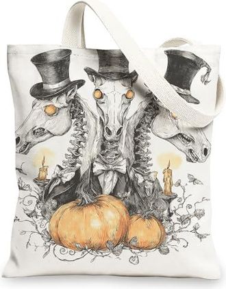 Generic Sac fourre-tout en toile motif cheval gothique squelette léger lavable pour le shopping, les voyages, la plage, blanc, 13x15 Inch