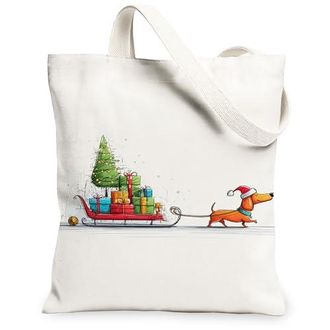 Generic Sac fourre-tout en toile pour chien de Noël, motif traîneau festif, sacs de courses réutilisables, légers et lavables avec bandoulière C, blanc, 13x15