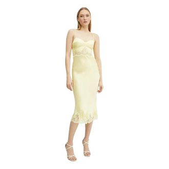 Ermanno Scervino Robe mi-longue en satin &agrave; bordure en dentelle - Femme - Robes - Jaune - Taille: 38 FR