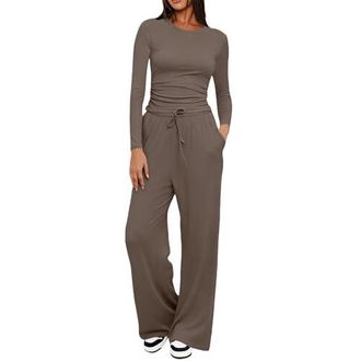 Generic Ensemble dint&eacute;rieur 2 pi&egrave;ces pour femme - Ensemble de d&eacute;tente avec cordon de serrage - Manches longues - Pantalon large avec poches - En coton doux - 