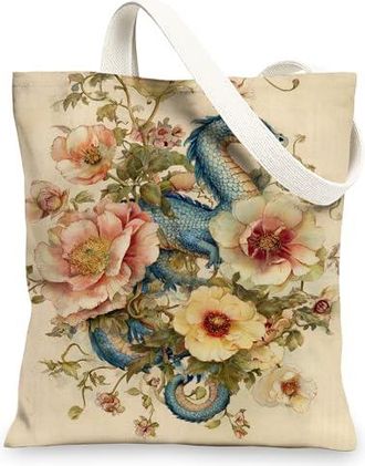 Generic Sacs fourre-tout en toile motif floral dragon, sacs à provisions réutilisables, légers et lavables en toile de voyage B, bleu, 13x15 Inch