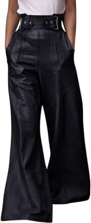 Onsoyours Pantalon en Cuir Femmes Taille Haute Vintage Mode PU Pantalon Jambes Larges Similicuir Pantalon avec Poches Ample D&eacute;contract&eacute; Outdoor Festival Sexy Pa