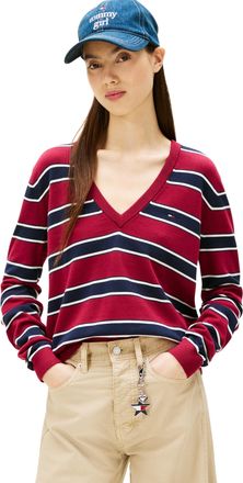 Tommy Jeans Damen Tjw Essential Vneck Sweater EXT Dw0Dw19888 Pullover, RED (Lavish Cerise/Multi Stripe), XL
