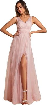 Ever-pretty Robe de Demoiselle dhonneur Tulle Brillant Col V sans Manche A Line Taille Empire Rose 44