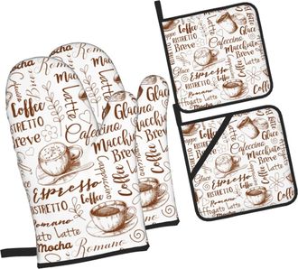 Generic 4 St&uuml;ck Backhandschuhe Set Kaffee Zitat Tasse Gekritzel Ofenhandschuh Lustig Hitzebest&auml;ndige Ofen Mitts F&uuml;r Backen, Kochen, Geschenke