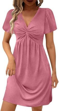 Generic Robe d&eacute;t&eacute; &agrave; manches courtes et col en V torsad&eacute; sur le devant pour femme - Robe de plage fluide et d&eacute;contract&eacute;e, rose, XXL