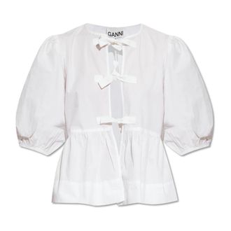 Ganni Baumwoll-Popeline Bluse mit Sch&ouml;&szlig;chen und Bindeband - - Blouses & Shirts - Damen - Wei&szlig; - M