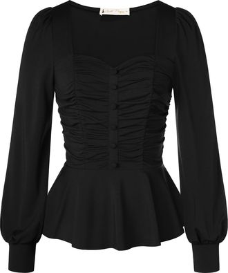 Belle Poque Peplum Tops f&uuml;r Damen Puff&auml;rmel Quadratischer Ausschnitt Ger&uuml;schte Vorderseite Blusen Oberteile