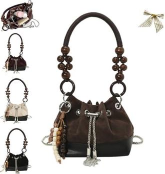 Generic Suede Beaded Drawstring Vintage Bucket Bag,Vintage Crossbody Bag with Chain Strap,Womens Retro Beads Drawstring Handbags (Coffee)
