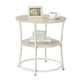 Relaxdays Beistelltisch, 2 Ablagen, HxD: 55 x 55 cm, Holzoptik & Metall, Sofatisch, runder Couchtisch, Natur/Creme