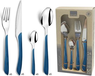 Amefa ECLAT Besteck Set NATURE Blau Holz Essbesteck 24-teilig f&uuml;r 6 Personen Edelstahl rostfrei Kunststoff-Griffschalen in Holzoptik sp&uuml;lmaschinenfest Beste