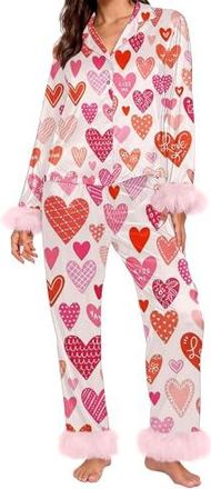 Generic Ensemble de pyjama 2 pi&egrave;ces en satin de soie pour femme avec bordure en plumes, chemise boutonn&eacute;e, pantalon de d&eacute;tente, ensemble de pyjama 2 pi&egrave;ces av