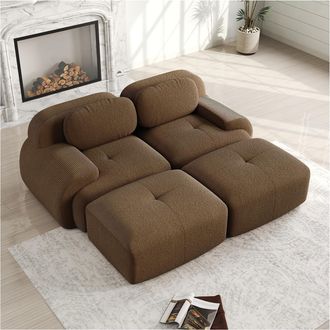 Generic Modulares Schlafsofa mit Ottomane, 3-Sitzer, modulares Cord-Sofa, ohne Montage, for Wohnzimmer, rahmenloses Sofa, mit gebogenen Armlehnen(Marrone,2S+2