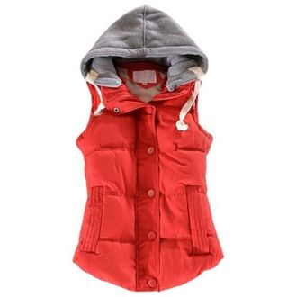 Generic Doudoune sans manches matelass&eacute;e et chaude pour femme, coupe slim, avec capuche amovible, rouge, taille L