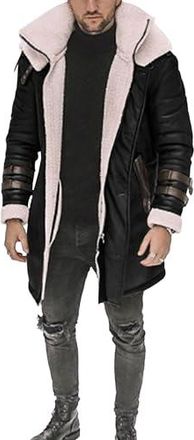 Generic Manteau dhiver en fausse peau de mouton pour homme - Coupe-vent - Chaud - En cuir - Trench long, Noir, M