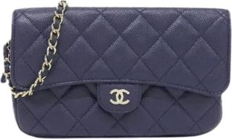 Chanel Pre-owned &Eacute;tui T&eacute;l&eacute;phone Chanel Timeless Classic en Cuir Caviar - Femme - Pre-owned - Bleu - Taille: ONE Size