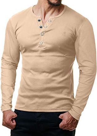 ReRock by Young & Rich T-shirt à manches longues pour homme avec boutonnière et col en V - T-shirt Henley à la coupe ajustée avec de grands boutons - T-shirt