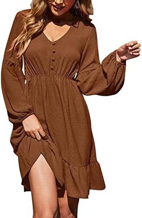 Generic Robes amincissantes d&eacute;t&eacute; pour femmes, mode d&eacute;contract&eacute;e, col en V, boutons solides, corset en mousseline de soie, robe &agrave; manches longues &agrave; volants, ma