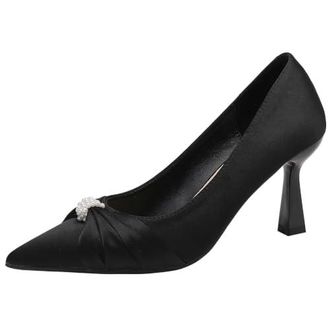 Generic Qynthra Escarpins de Cour Femme Satin D&eacute;tail Noeud Perle Bout Carr&eacute; Talon Fin &agrave; Enfiler Bout Pointu Pumps Large 6CM/8CM Talon Moyen Chaussures de Vill