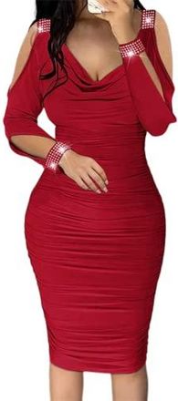 ORANDESIGNE Femme Robe Crayon Courte Elastique à Manche Longue Robe Moulante Col Rondo Slim Skinny Robe de Soirée Plaid Rouge Mini Robe X Rouge S