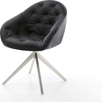 DELIFE Drehstuhl Gaio-Flex Echt-Leder Schwarz Kreuzgestell breit Edelstahl 360° drehbar Wippfunktion, Esszimmerstühle