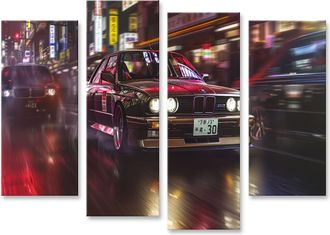 Islandburner Prime Bild auf Leinwand Klassischer BMW in der neonbeleuchteten Stadtgeschwindigkeit für Garage Autoliebhaber Autowerkstatt Bilder Wandbilder Poster