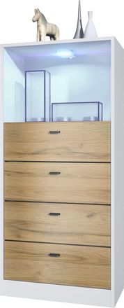 Vladon Kommode Pino V3, Made in Germany, Anrichte mit 4 Schubladen & 1 offenem Fach, Weiß matt/Eiche Natur mit LED RGB (56 x 125 x 36 cm)