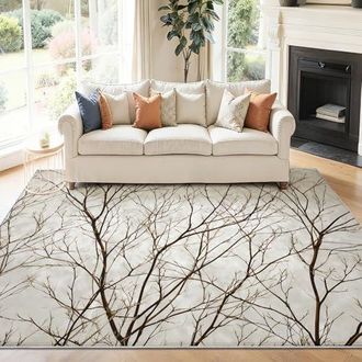 Generic Tapis 120 x 180 cm Minimaliste Branches Doux Moelleux Robuste Facile &agrave; Nettoyer Moderne pour Chambre Couloir, Gris Clair