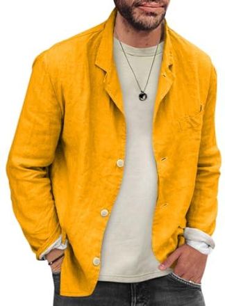 Onsoyours Blazer pour Homme Lin Revers Décontracté Manches Longues Vintage Ample Printemps Automne Mince Élégant Veste de Costume Chemises Solid Jaune L, (SG210