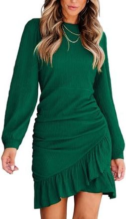 Cupshe Mini robe décontractée à col rond et à volants pour femme - Manches longues froncées, vert, Taille M