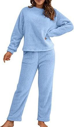 Generic Ensemble de maison pour femme - En polaire - Chaud - Deux pi&egrave;ces - Moelleux - Col rond - Pyjama long avec poche - Pyjama pour femme - V&ecirc;tement de nuit