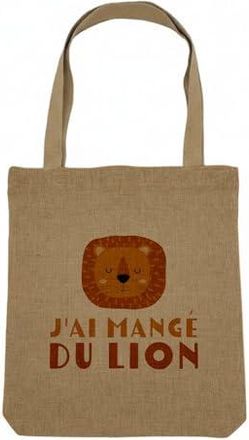 Fabulous Sac Shopping Tote Bag Aspect Lin - Jai mang&eacute; du Lion Enfant Dessin - Sac de Courses Toile Epaisse 360g Beige Naturel Cabas Port&eacute; Epaule Solide Imprim&eacute;