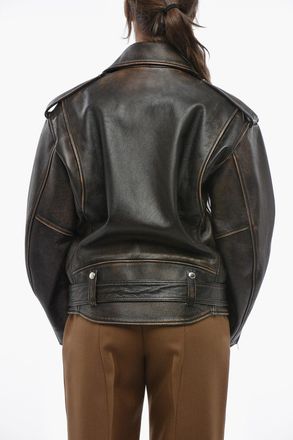 Alexander McQueen Oversized Vintage-Effect Leather Biker Jacket Alexander McQueen