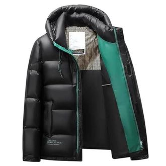 Generic Doudoune à capuche en tissu brillant épais et chaud pour homme - Vêtement dextérieur coupe-vent pour lhiver, Noir, XL