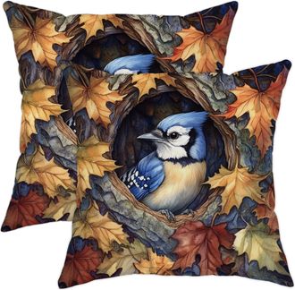 Generic Herbstlicher Blauh&auml;her Dekokissen Mit Rei&szlig;verschluss Kissenh&uuml;lle Atmungsaktiv Kissenbez&uuml;ge F&uuml;r Bett Balkon Heimdekoration 45X45Cm 2Er Set