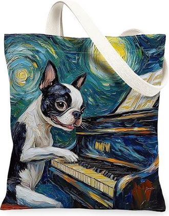 Generic Sac fourre-tout en toile r&eacute;utilisable pour faire du shopping Motif chien terrier de Boston 33 x 38,1 cm, motif piano nocturne &eacute;toil&eacute;, sac d&eacute;picerie po