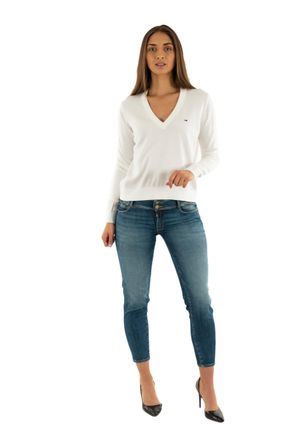 Tommy Jeans Damen Tjw Essential Vneck Sweater EXT Dw0dw19888 Pullover, White (Ecru), S EU