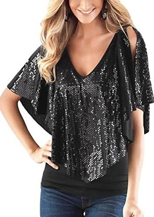 ORANDESIGNE T-Shirt à Paillettes Femme Haut Lâche Brillante Sequins Tee Shirt Chemisier à Manches Courtes Sweatshirt Paillettes Brillantes Soiree Bal Danse Club