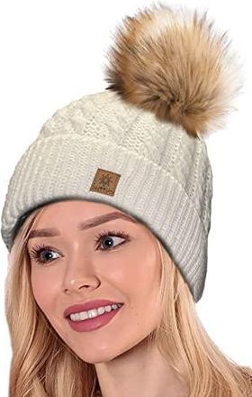 4sold Femme Set Bonnet et &eacute;charpe Mohair dhiver Wool Chapeau Hat Grande Faux Pom Pom Bonnet dhiver Chaud Doublure Polaire - Carla Ecru