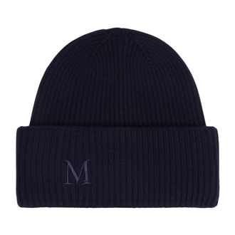Max Mara Gerippte Kaschmir-Beanie mit Logo auf der Vorderseite - - Accessories - Damen - Blau - ONE SIZE