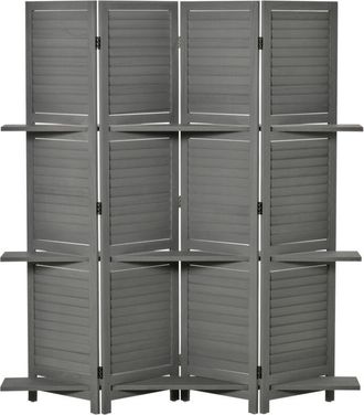 HOMCOM Homcom - Paravent intérieur 4 panneaux 3 étagères pliables séparateur de pièce portes persiennes bois de paulownia gris