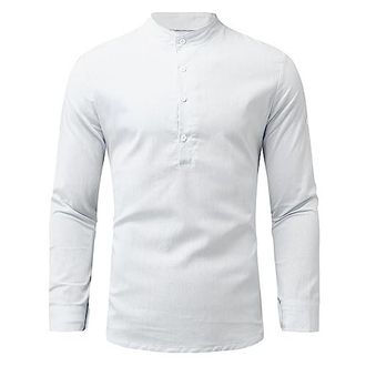 Generic Chemise d&eacute;t&eacute; en coton et lin pour homme - Haut d&eacute;contract&eacute; de couleur unie - Col montant - Chemisier &agrave; manches longues - Haut tendance - Coupe droite,